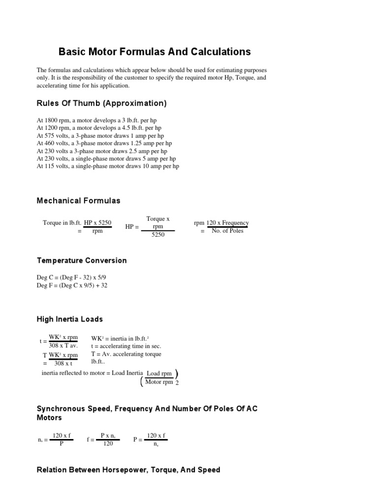 Basic Formulas and Calculations | PDF | Horsepower | Power (Physics)