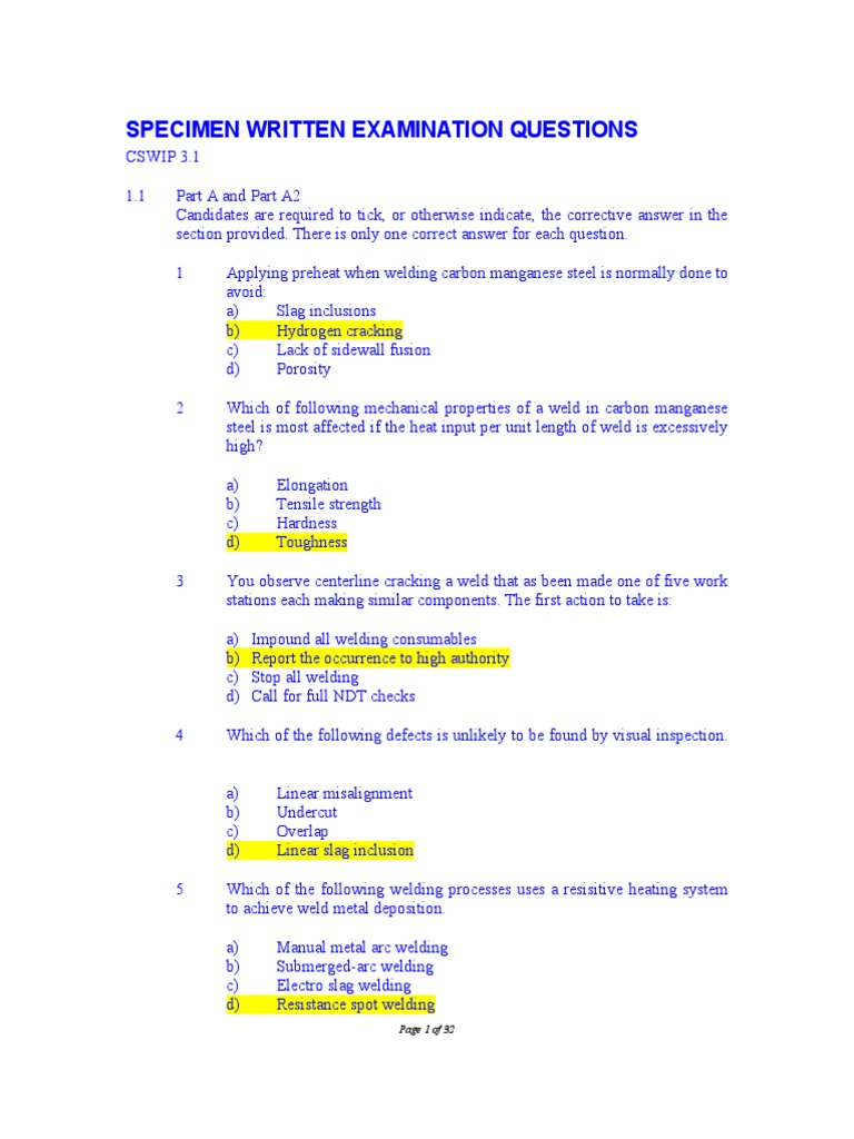 9 Cswip 3.1 Question Answers SPECIMEN WRITTEN EXAMINATION QUESTIONS ...