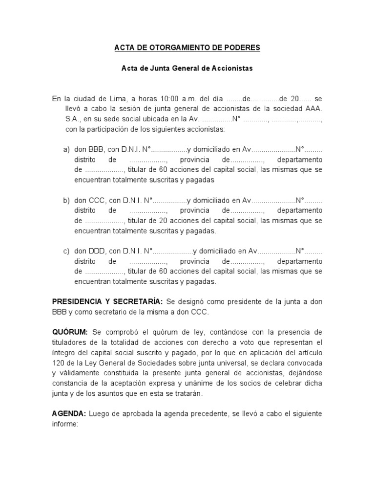 Acta de Otorgamiento de Poderes | PDF