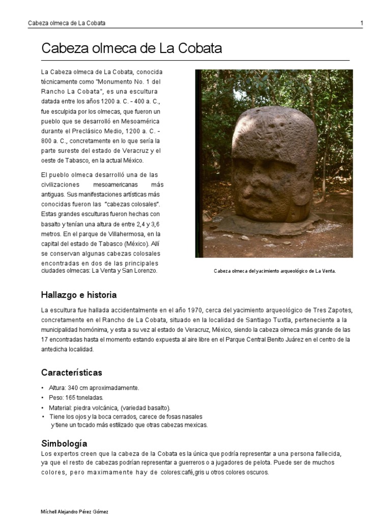 Cabeza Olmeca de La Cobata | PDF | Era precolombina | Pueblos indígenas ...