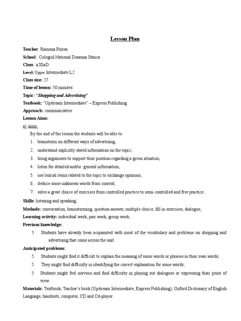 Plan de Lectie | Download Free PDF | Lesson Plan | Learning