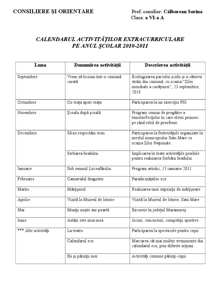Calendarul Activitatilor Extracurriculare, Dirigentie | PDF
