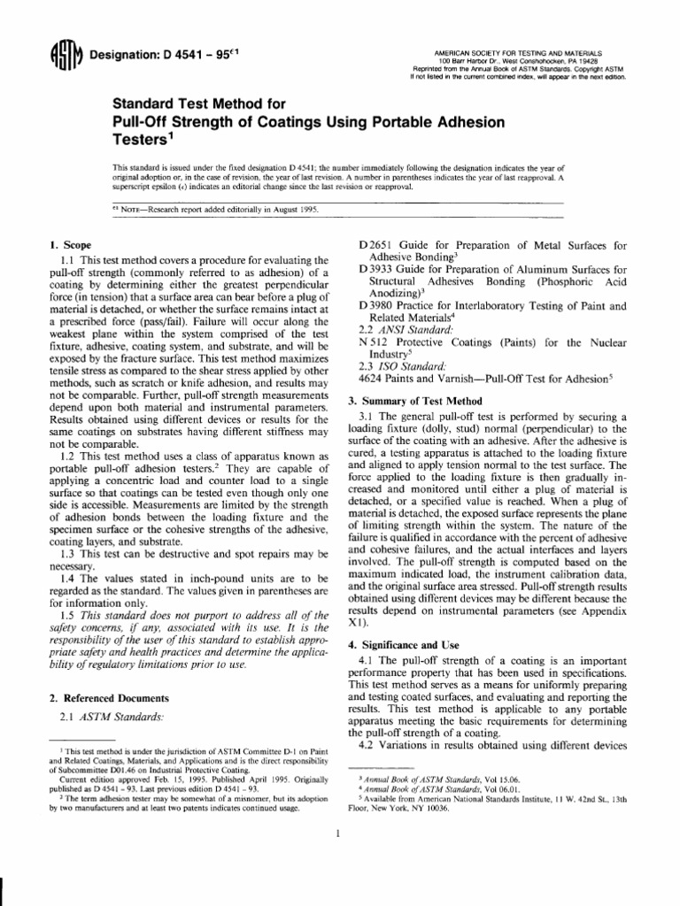 ASTM D4541-95 - Stand. Test Method For Pull-Off Strength of | PDF ...