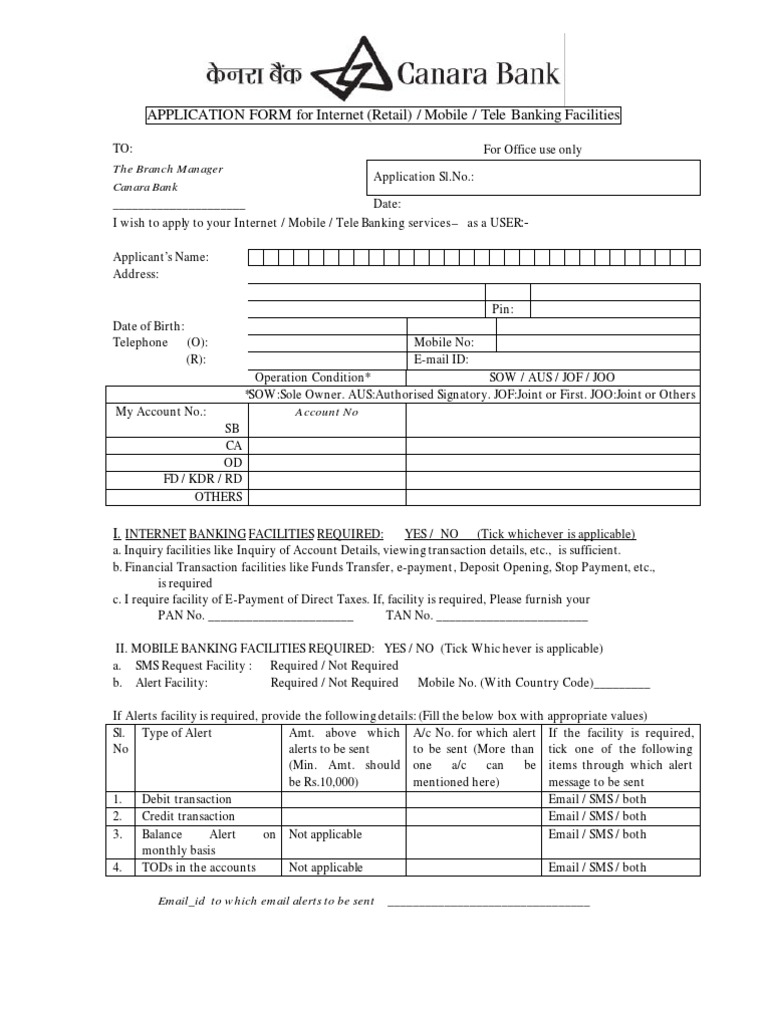 APPLICATION FORM For Internet (Retail) / Mobile / Tele Banking ...