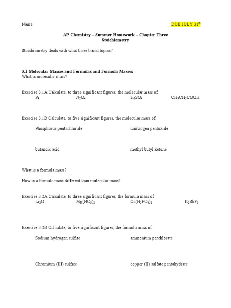 AP Chemistry - Summer Homework - Chapter Three Stoichiometry | PDF ...