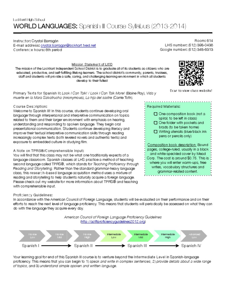 LHS Spanish III Course Syllabus (2013-2014) | PDF | Homework ...