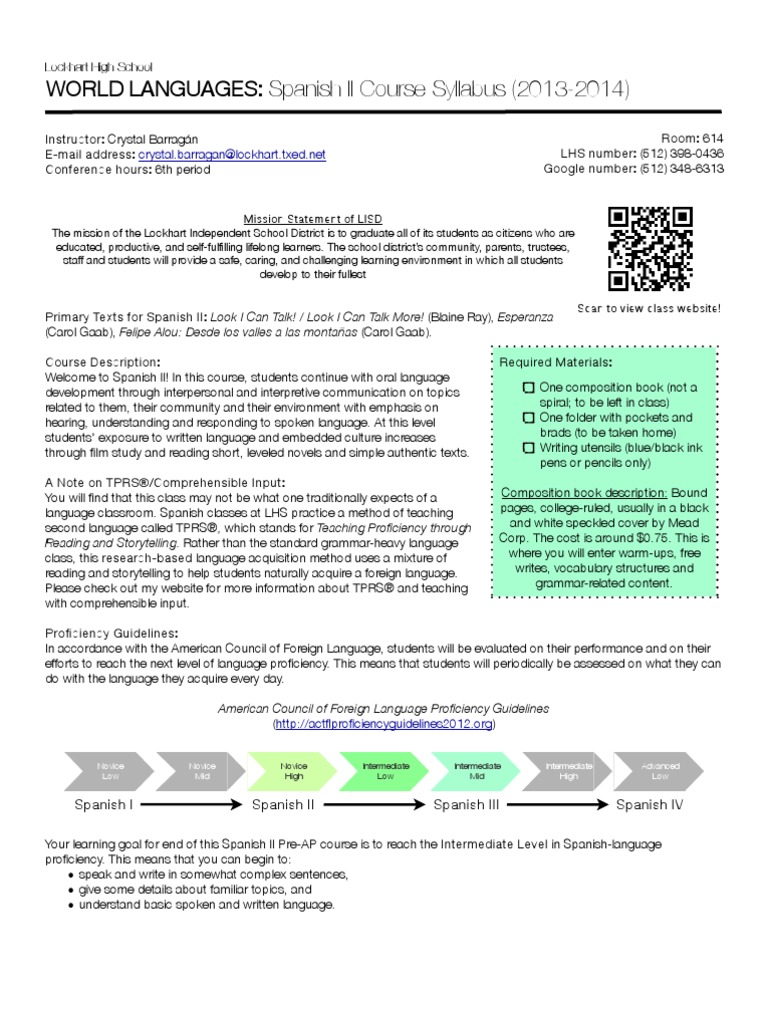 LHS Spanish II Course Syllabus (2013-2014) | PDF | Homework | Communication