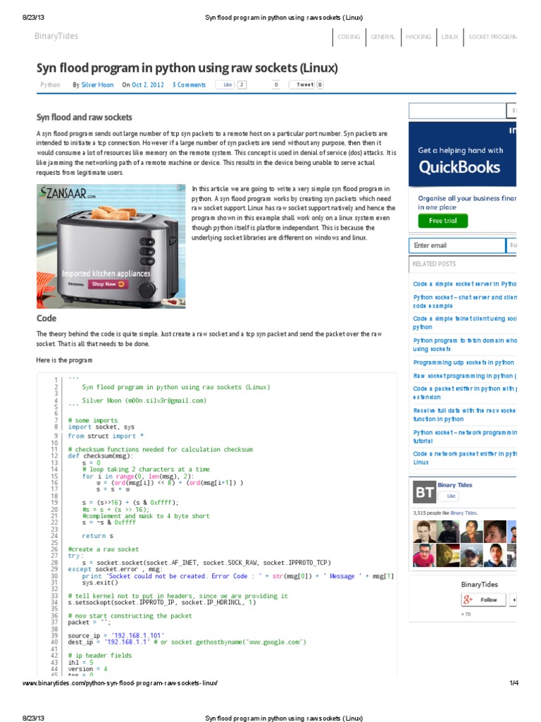 Syn Flood Program in Python Using Raw Sockets (Linux) | PDF ...