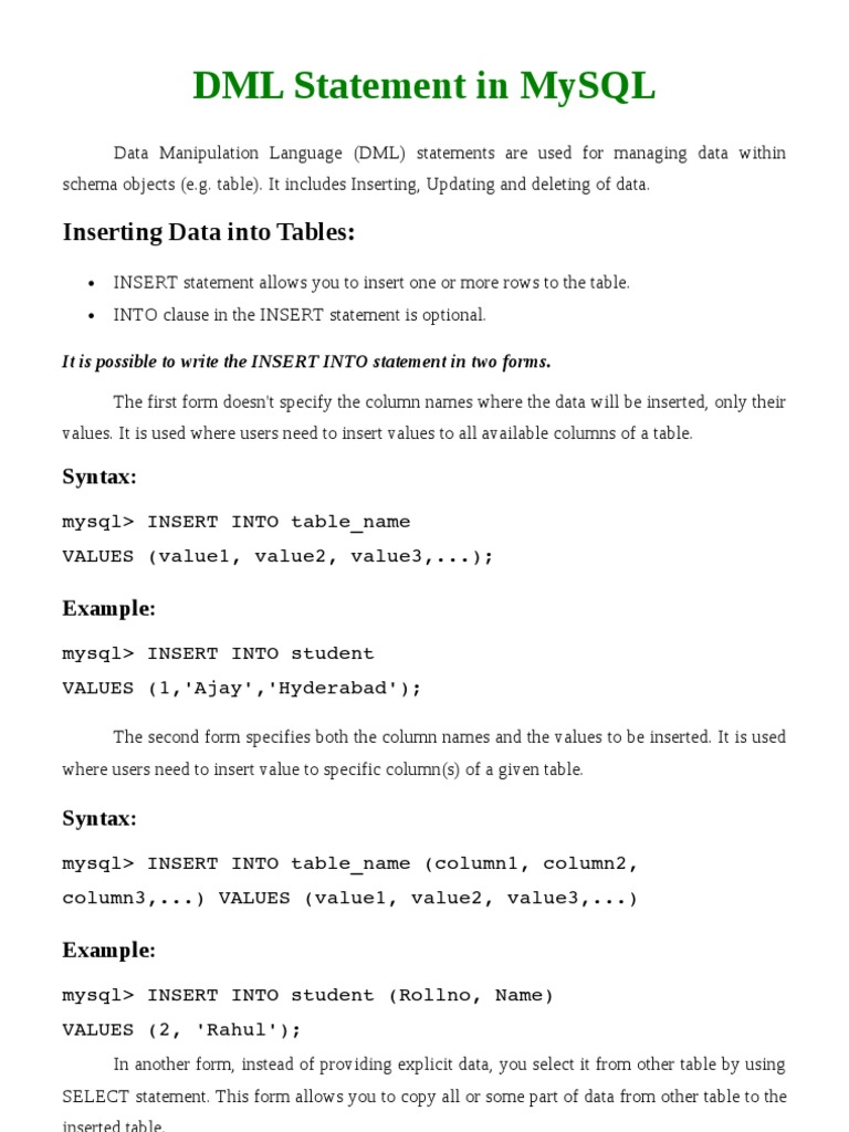 DML in Mysql | PDF | Table (Database) | Sql