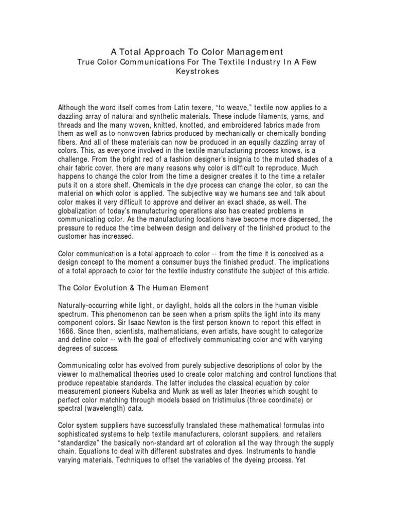 A Total Approach To Color Management | PDF | Textiles | Color