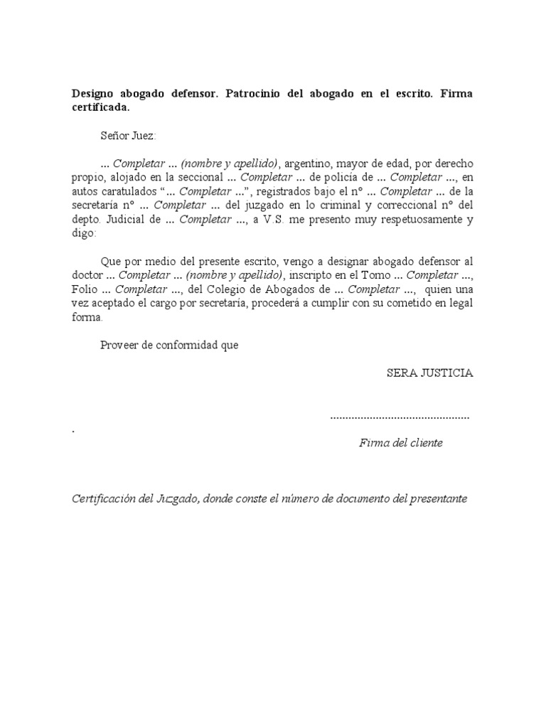 Designo Abogado Defensor CERTIFICACION de FIRMA | PDF