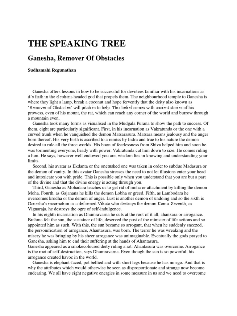 The Speaking Tree: Ganesha, Remover of Obstacles | PDF | Hindu ...