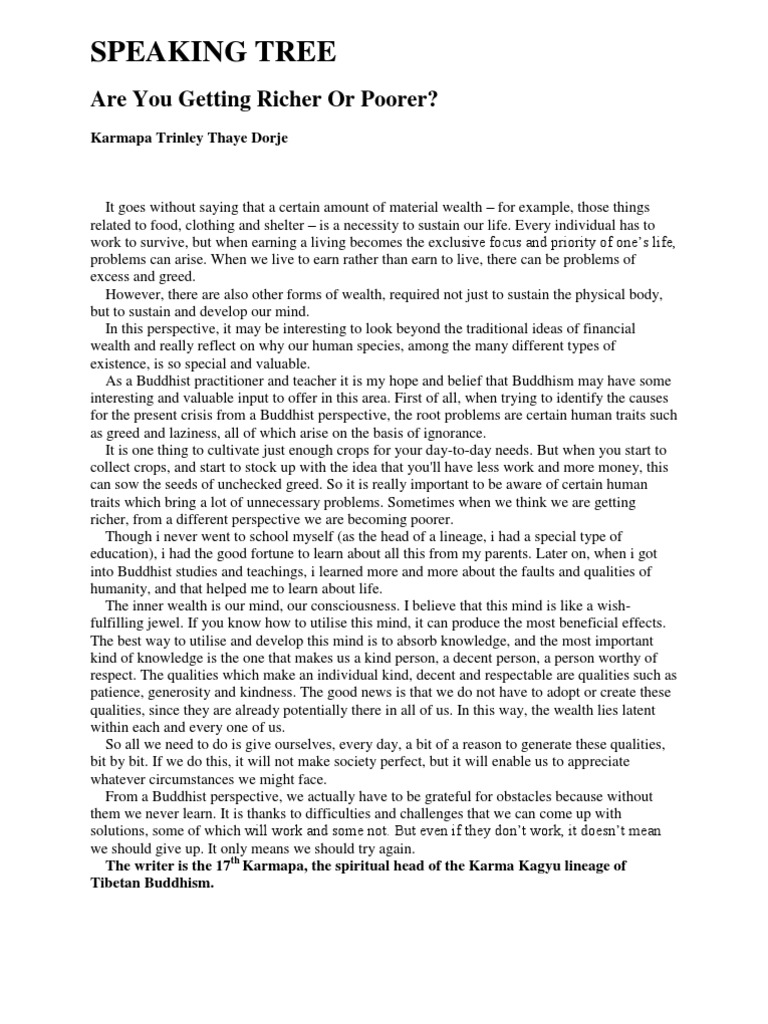 Speaking Tree: Are You Getting Richer or Poorer? | PDF | Mind ...