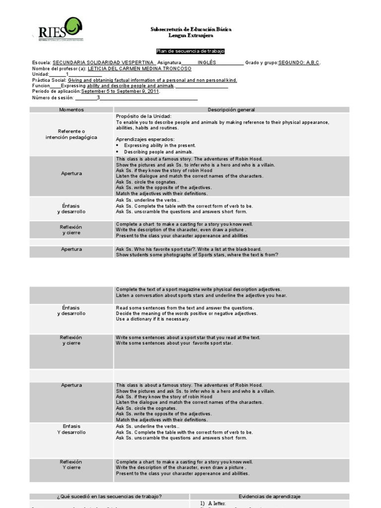 Plan Segundo Grado Unit 1week 3 Ejemplo | PDF | Syntax | Rules