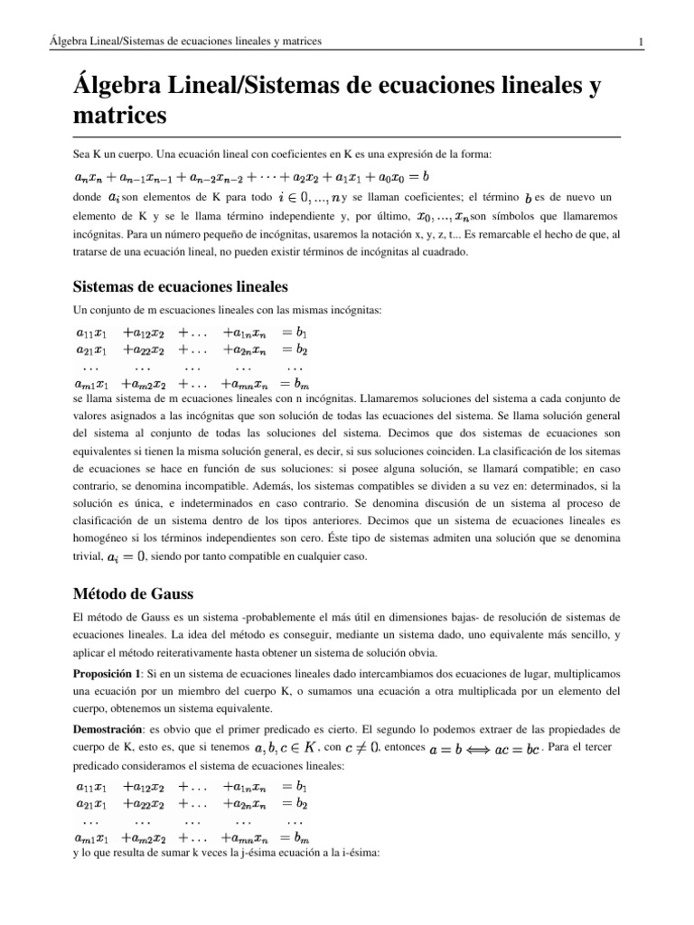Algebra Lineal Sistemas de Ecuaciones Lineales y Matrices | PDF ...