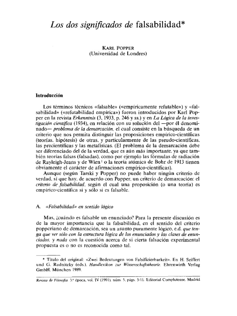 POPPER, Karl - Los Dos Significados de La Falsabilidad | PDF