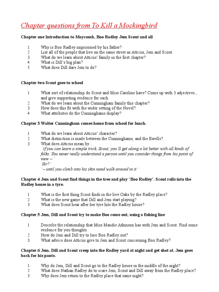 Chapter Questions for To Kill a Mockingbird | PDF | To Kill A Mockingbird