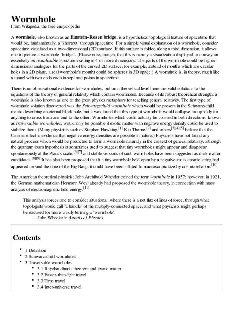 Wormhole: From Wikipedia, The Free Encyclopedia | PDF | Time Travel | General Relativity