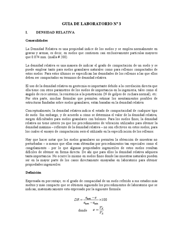 Densidad Relativa del Suelo: Guía de Laboratorio | PDF | Densidad | Suelo