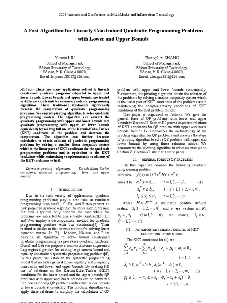 A Fast Algorithm For Linearly Constrained Quadratic Programming Problems With Lower and Upper ...