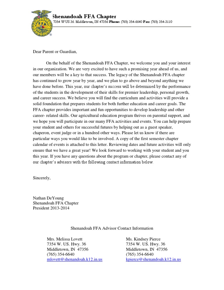 Shenandoah FFA Chapter Welcome Letter | PDF