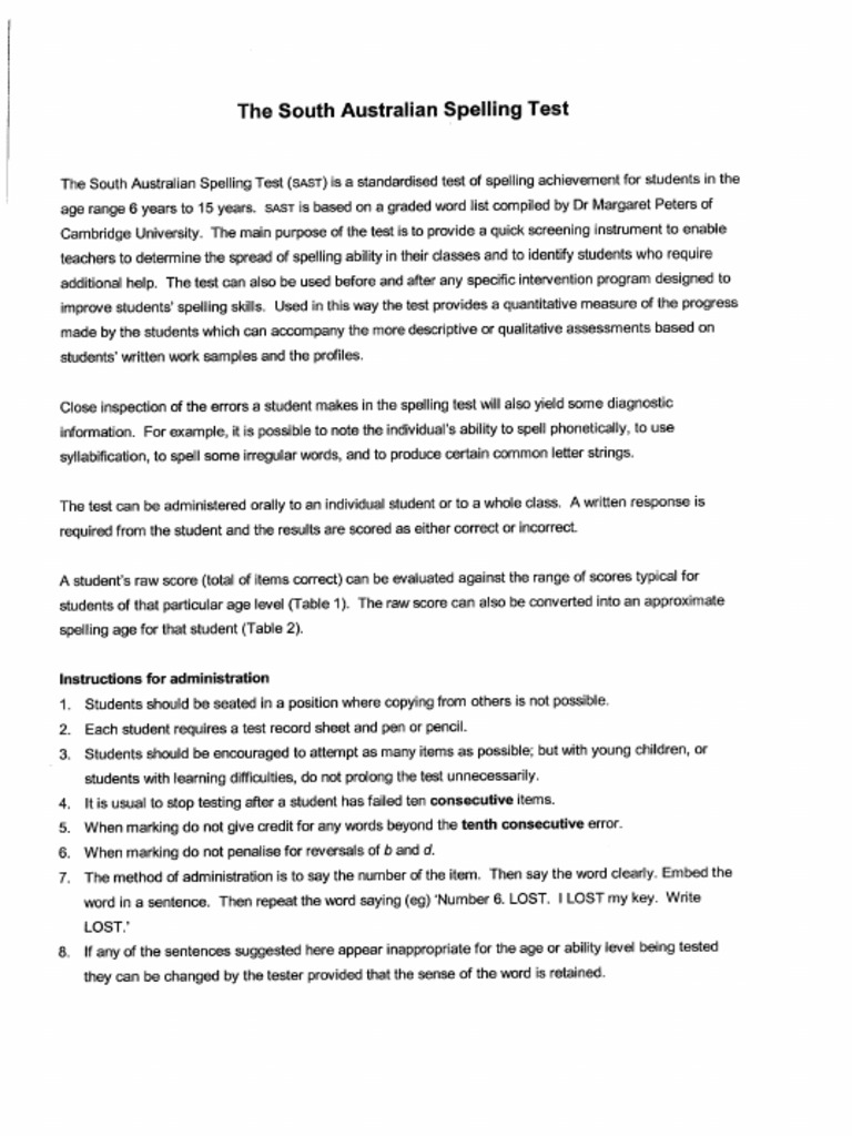 South Australian Spelling Test | PDF