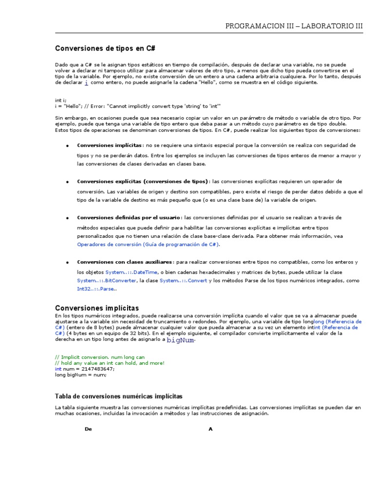 Conversiones de Tipos en C | PDF | C Sharp (lenguaje de programación ...