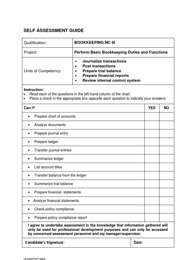 NC III Bookkeeping Self-Assessment Guide | PDF | Bookkeeping | Accounting