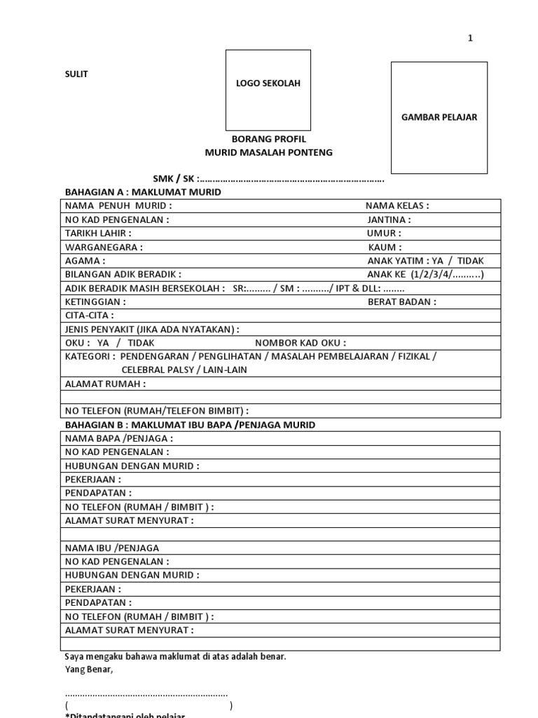 Contoh Profil Murid Ponteng | PDF