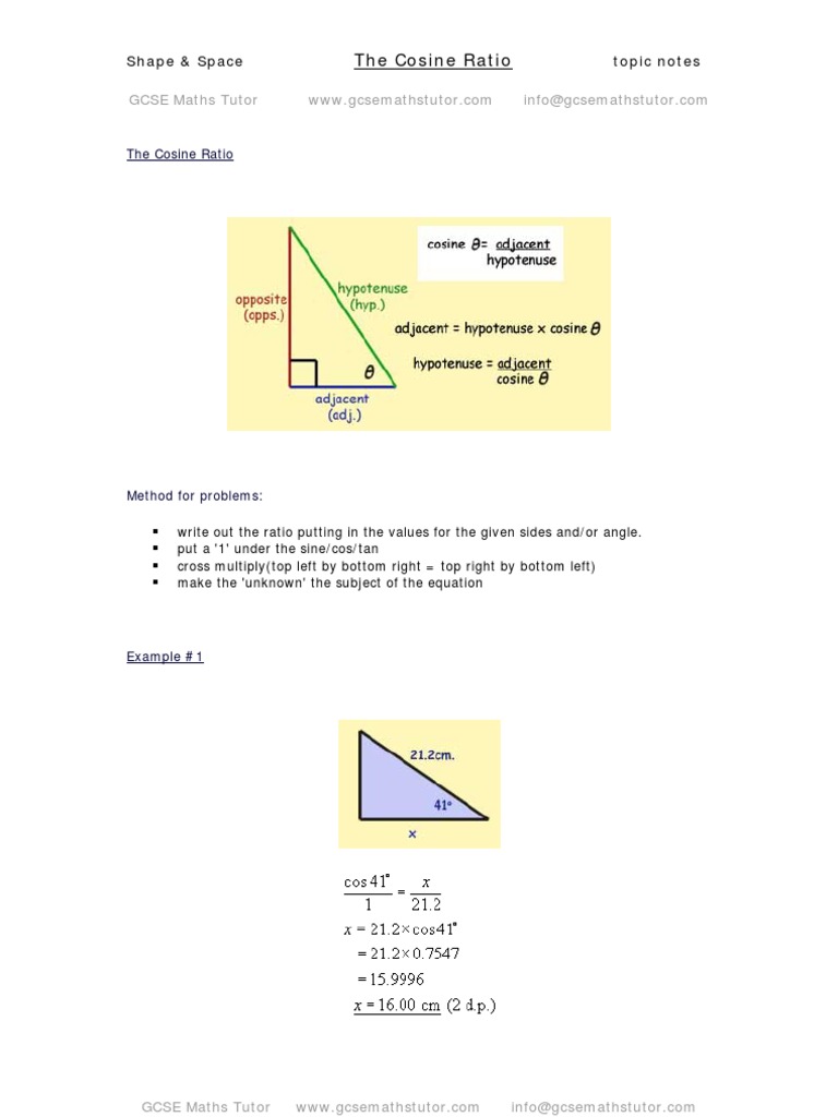 The Cosine Ratio, Shape & Space Revision Notes From GCSE Maths Tutor | PDF