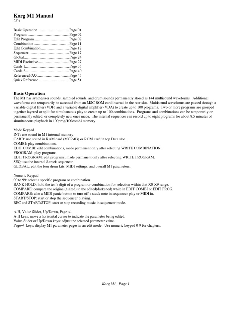 Korg M1 Manual | PDF