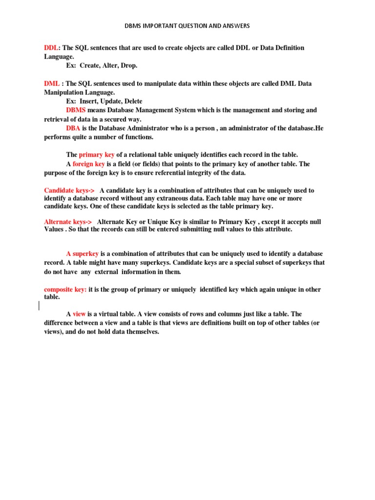 Dbms Important Questions and Answers | PDF | Databases | Sql
