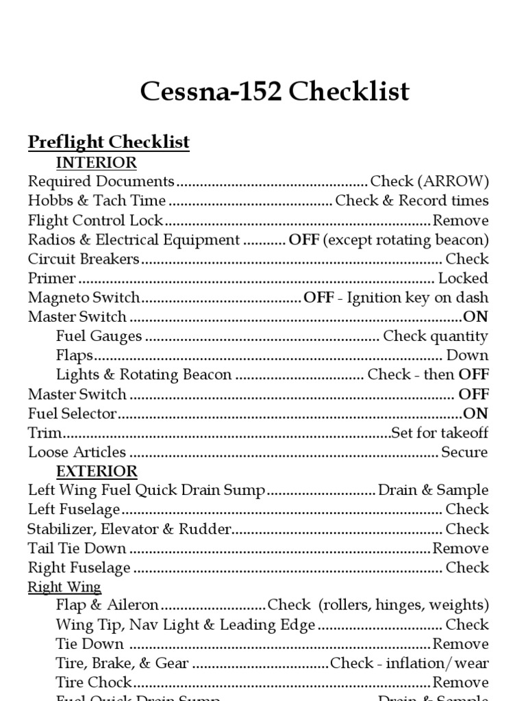 Cessna 152 Checklist | PDF | Computers | Technology & Engineering