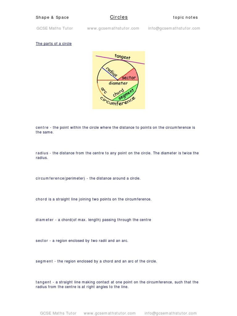 Circles, Shape & Space Revision Notes From GCSE Maths Tutor | PDF ...