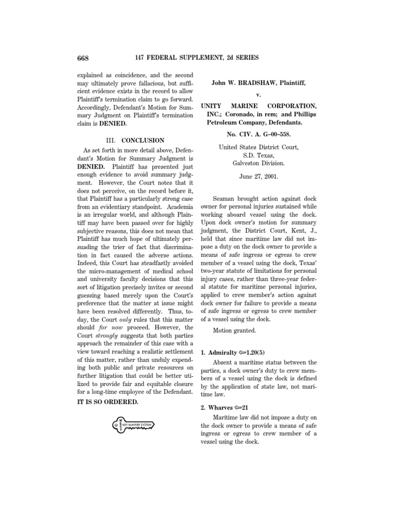 Bradshaw v. Unity Marine Corp | PDF | Summary Judgment | Admiralty Law