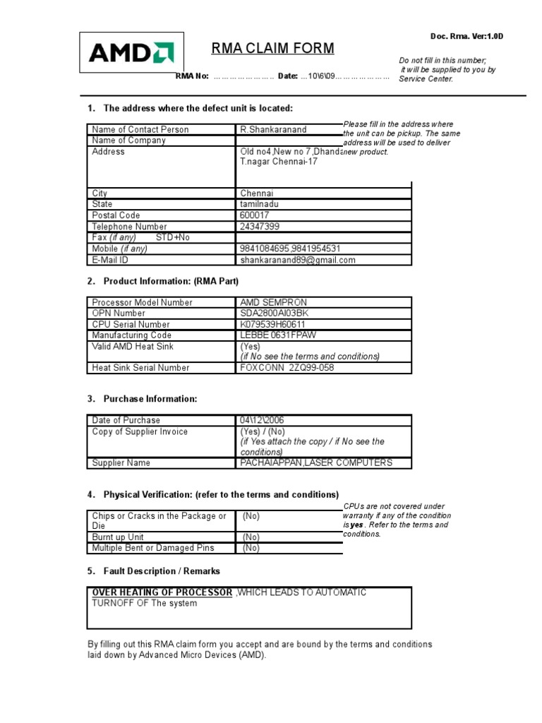 Consumer RMA Claim Form | PDF | Advanced Micro Devices | Central ...