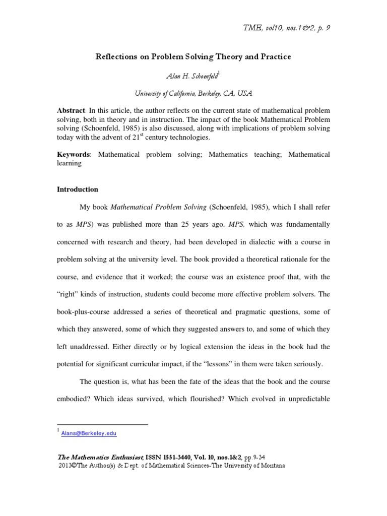 Reflections On Problem Solving Theory and Practice, Ucb, Alan H ...