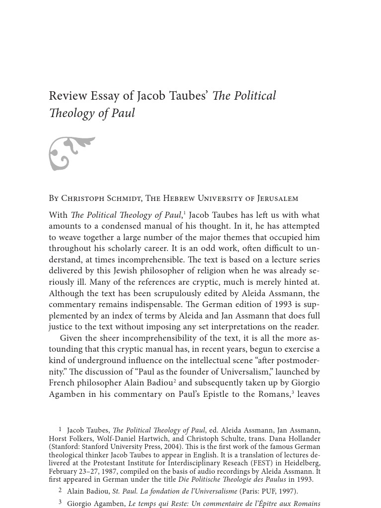 Schmidt Review Essay of Jacob Taubes' The Political Theology PDF | PDF ...