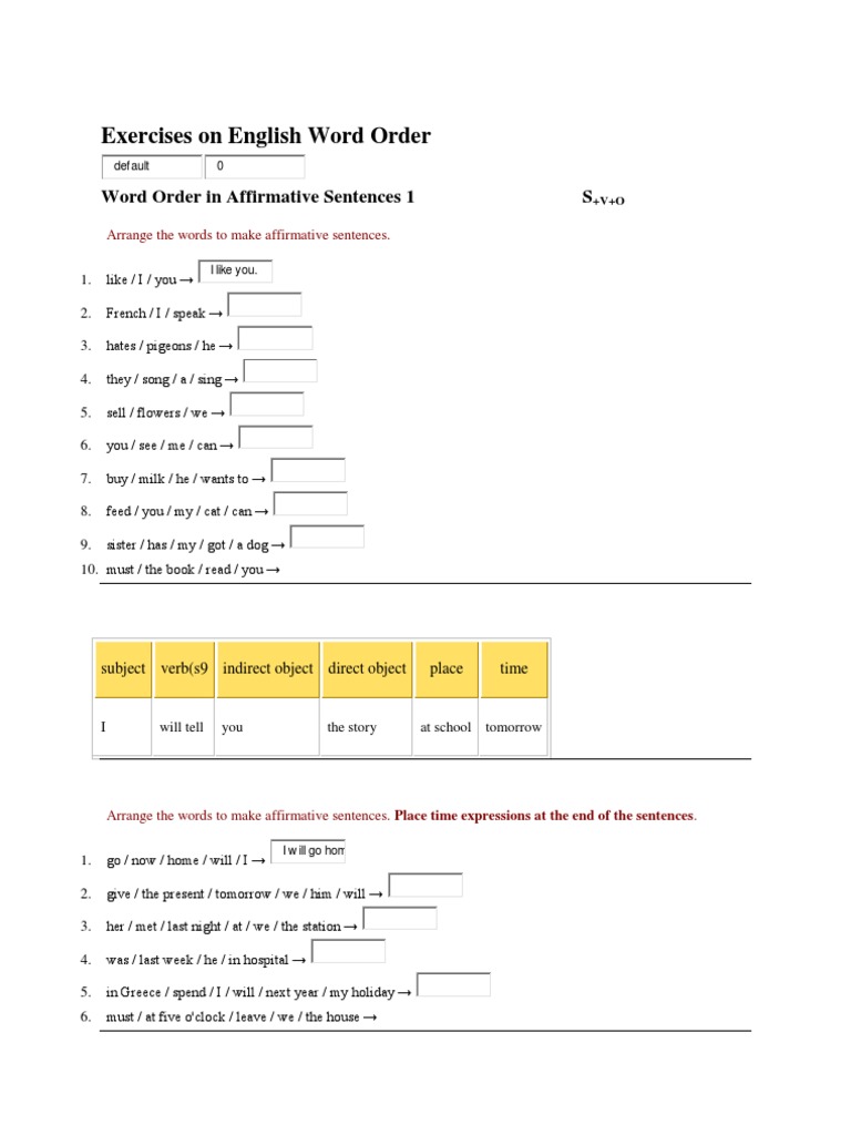 Exercises On English Word Order | PDF | Object (Grammar) | Sentence ...