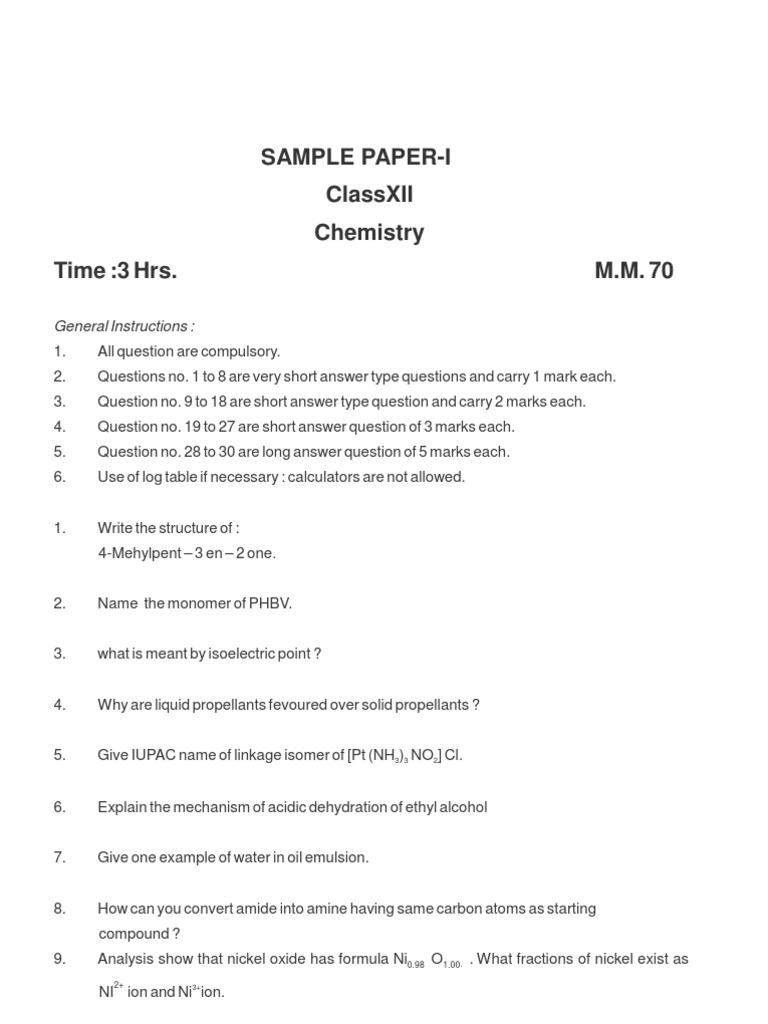 Class XII Chemistry Exam Paper | PDF | Acid | Amine