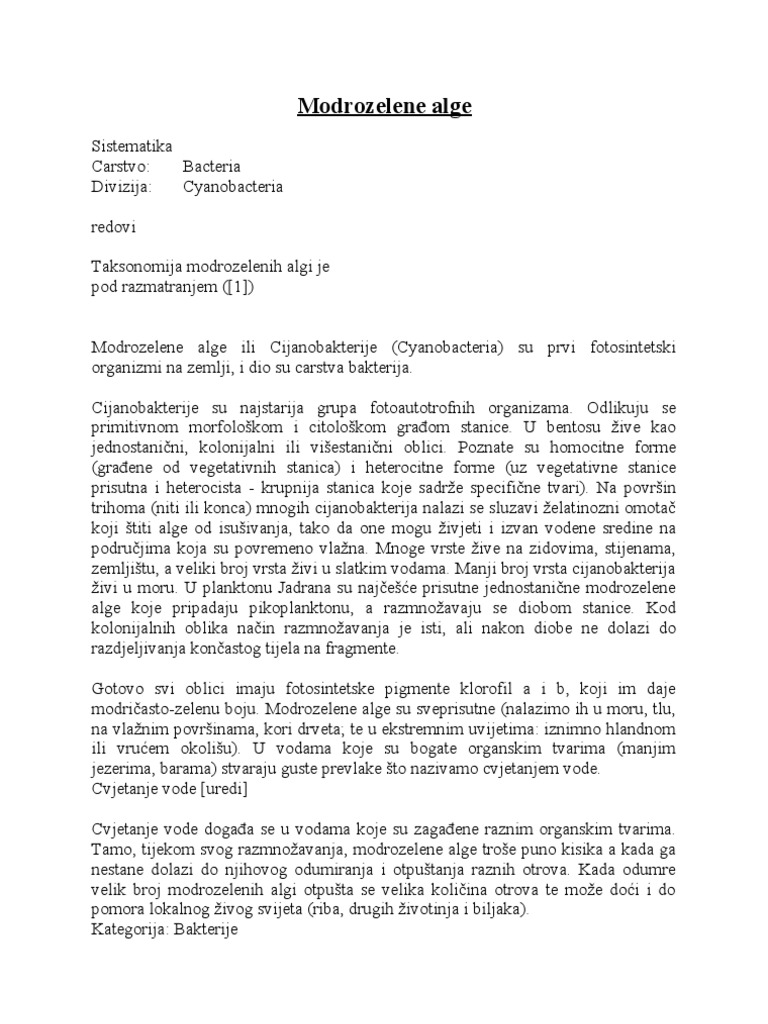 Modrozelene Alge Ili Cijanobakterije | PDF