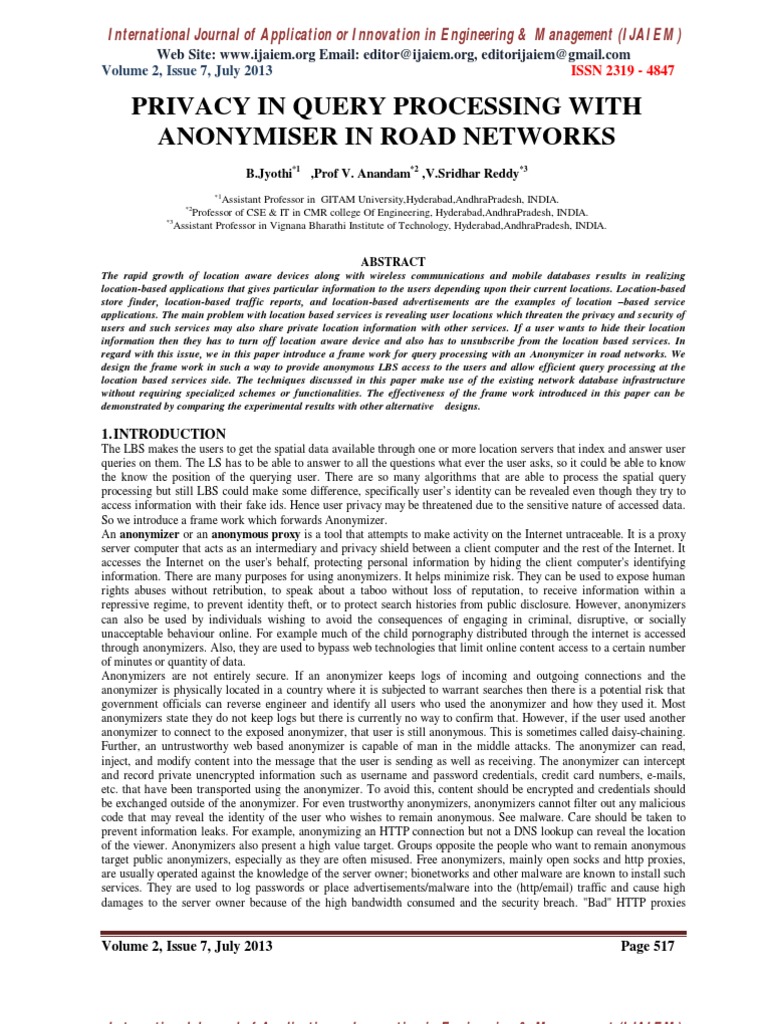 Privacy in Query Processing With Anonymiser in Road Networks | PDF | Proxy Server | Security ...