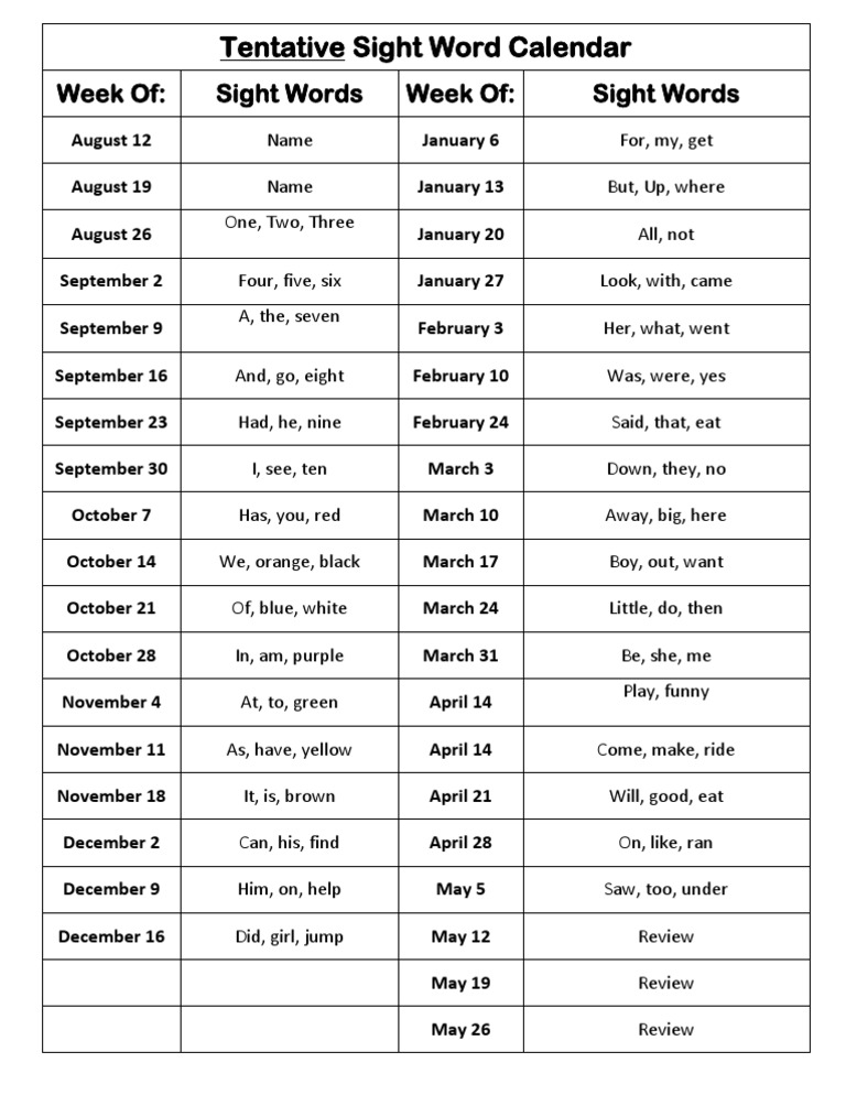 Tentative Sight Word Calendar 2023 | PDF