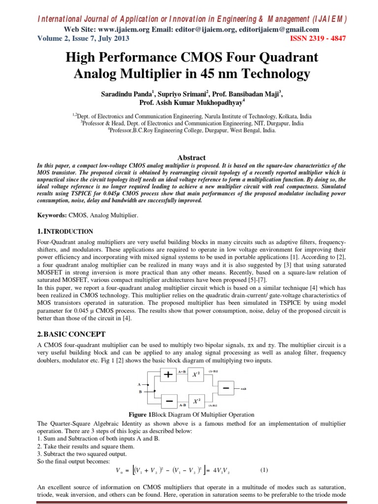High Performance CMOS Four Quadrant Analog Multiplier in 45 NM ...