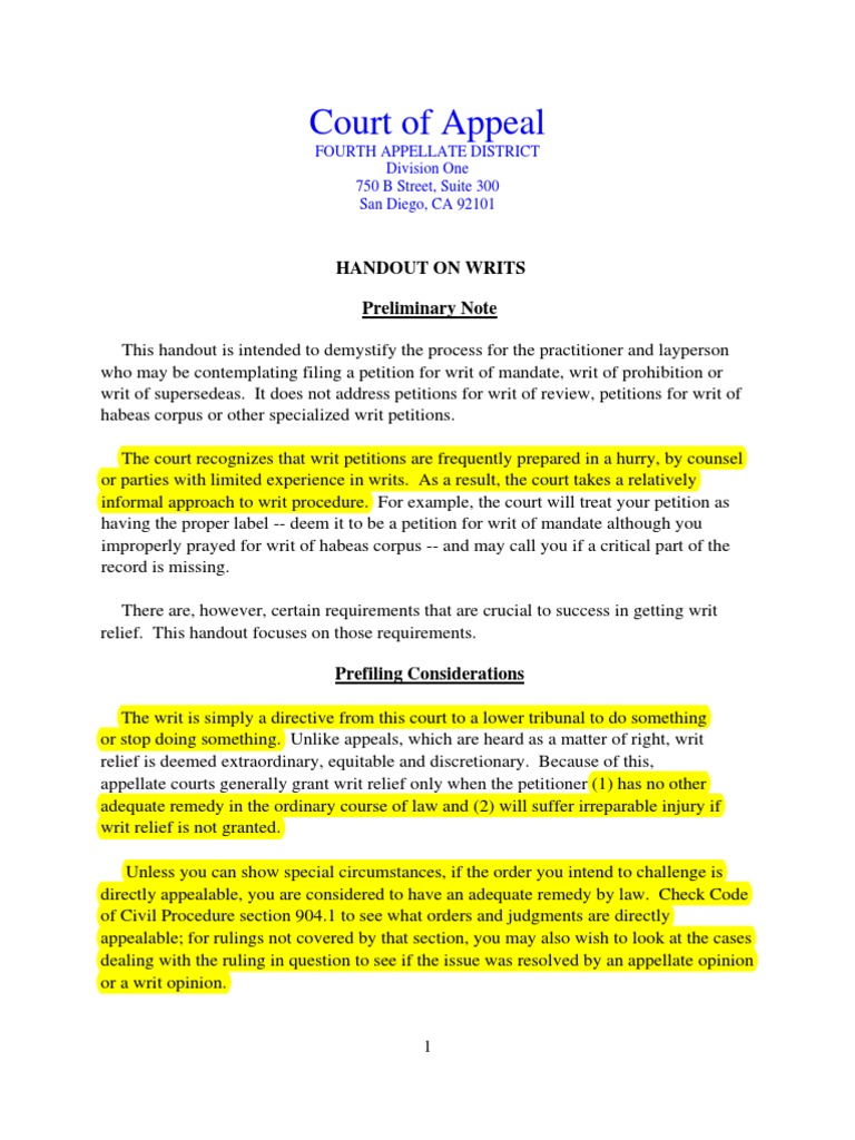 Court of Appeal Handout on Writs Mandate Etc 9 Pages 8-13-13 | Writ ...