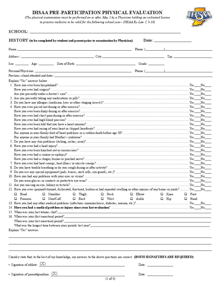 Ihsaa Pre-Participation Physical Evaluation: School: History | Download ...