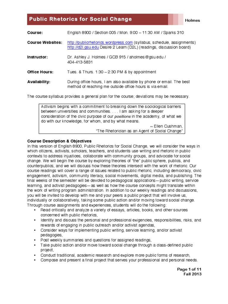 Public Rhetorics For Social Change Syllabus Holmes Fall 2013 | PDF ...