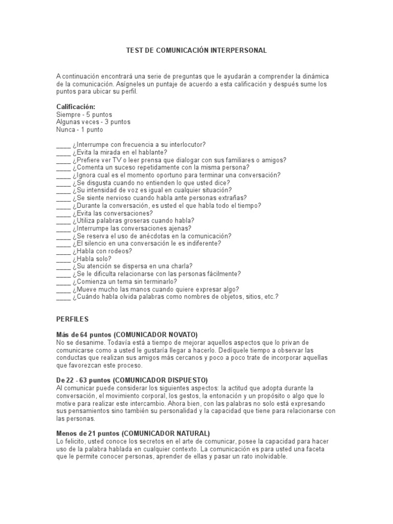 Test de Comunicación Interpersonal | PDF | Conceptos psicologicos ...