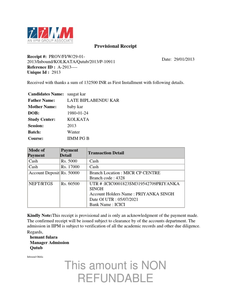 This Amount Is NON Refundable: Provisional Receipt | PDF