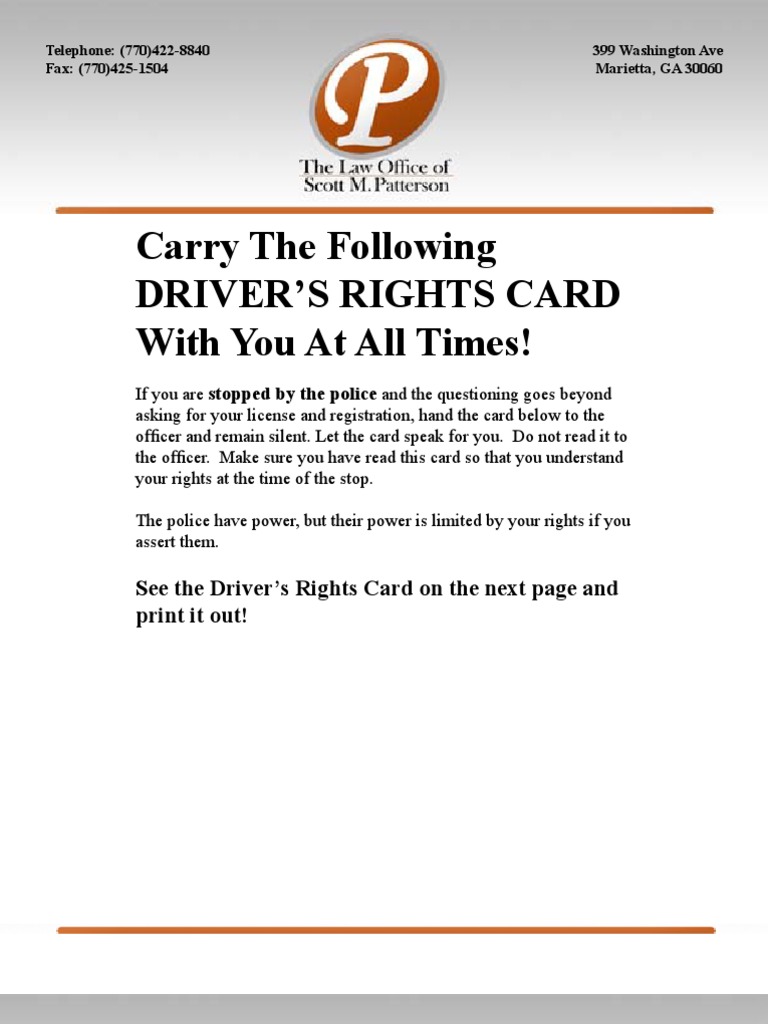 DRIVERS RIGHTS CARD For Traffic Stops by Police and What You Can Do ...
